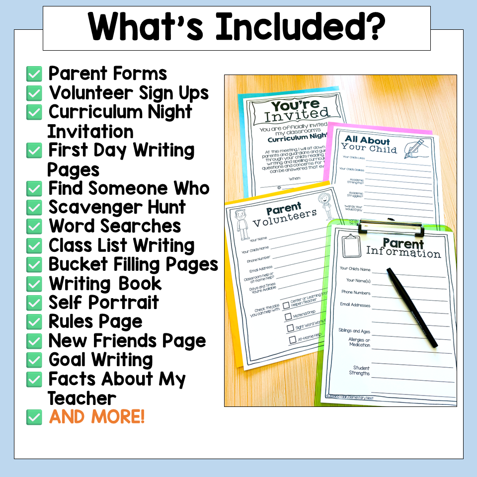 Open House Forms And First Week Activities