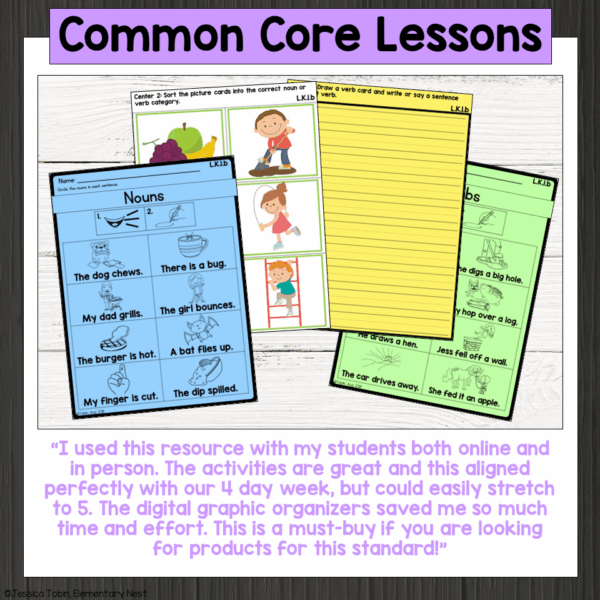 L.K.1.b Kindergarten Nouns And Verbs Worksheets, Centers, Mini Lessons