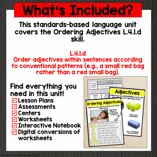 L.4.1.d 4th Grade Ordering Adjectives Unit, Lessons, Worksheets, More