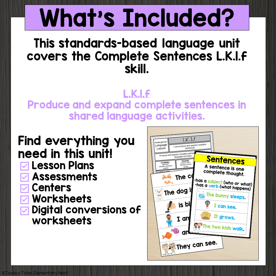 L.K.1.f Kindergarten Sentences Unit, Lessons, Sentences Worksheets, Centers